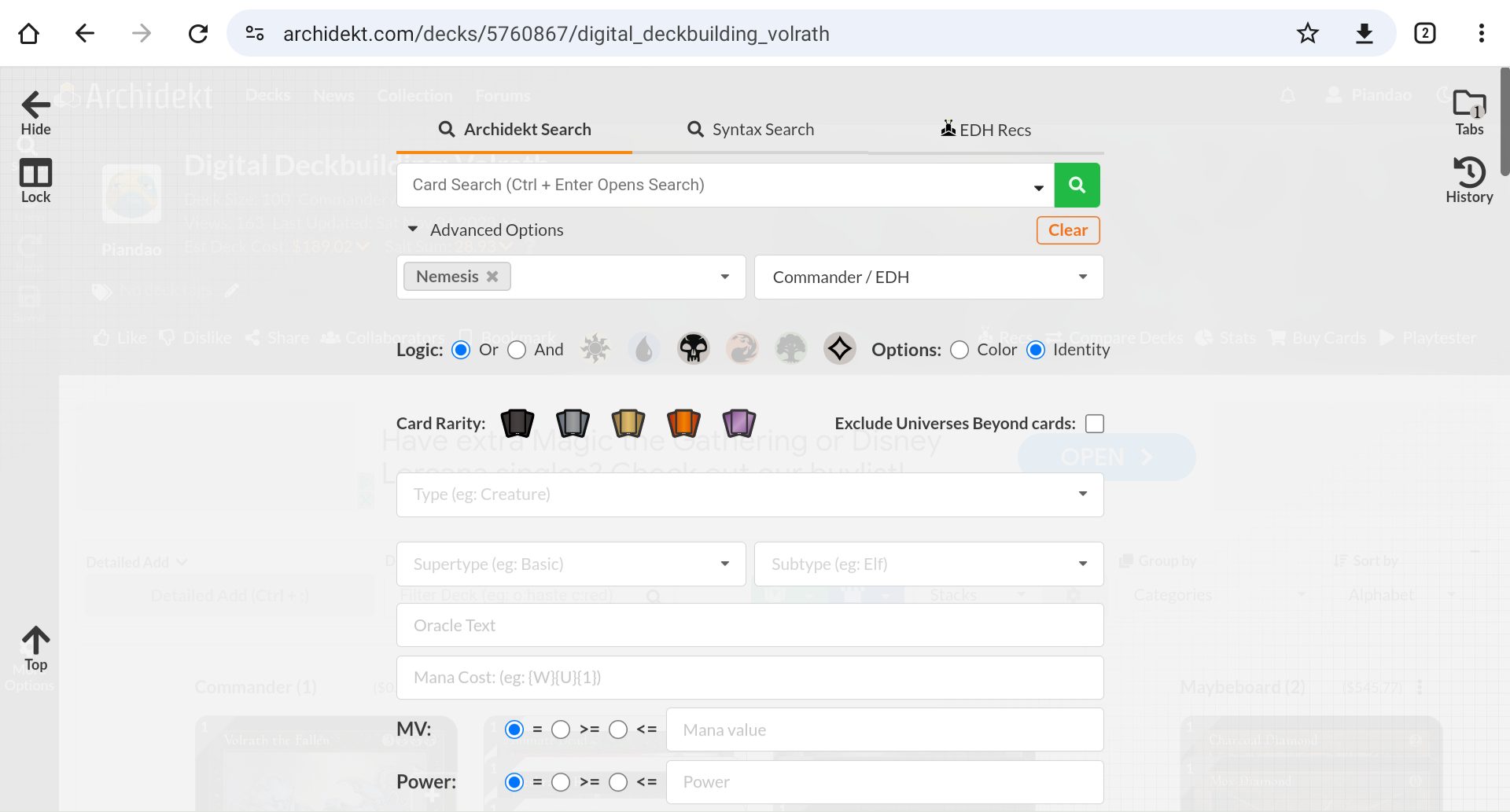 Digital Deckbuilding - Card Searches on EDHREC and Archidekt