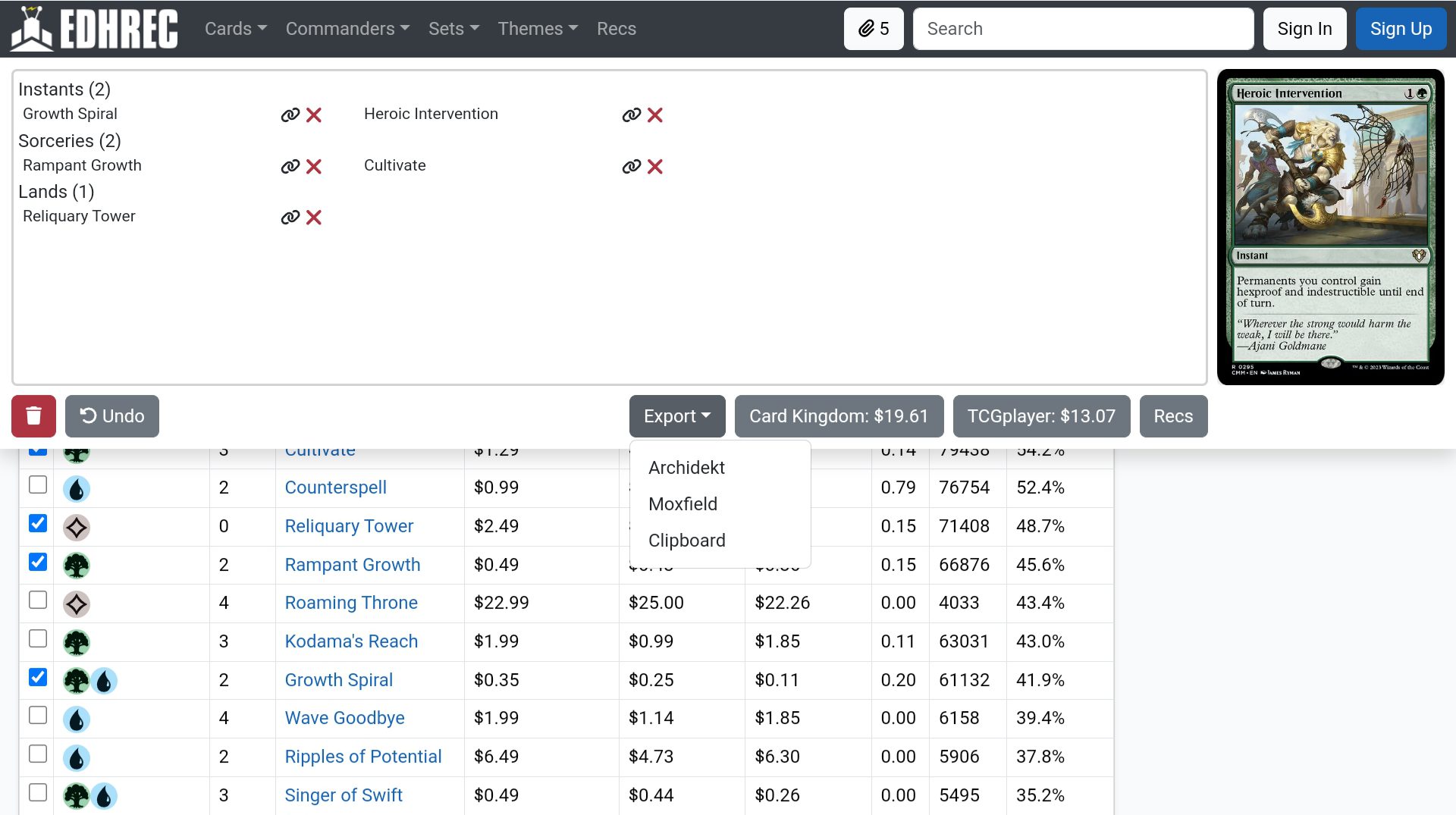 Digital Deckbuilding - Archidekt Card Packages and EDHREC Staples